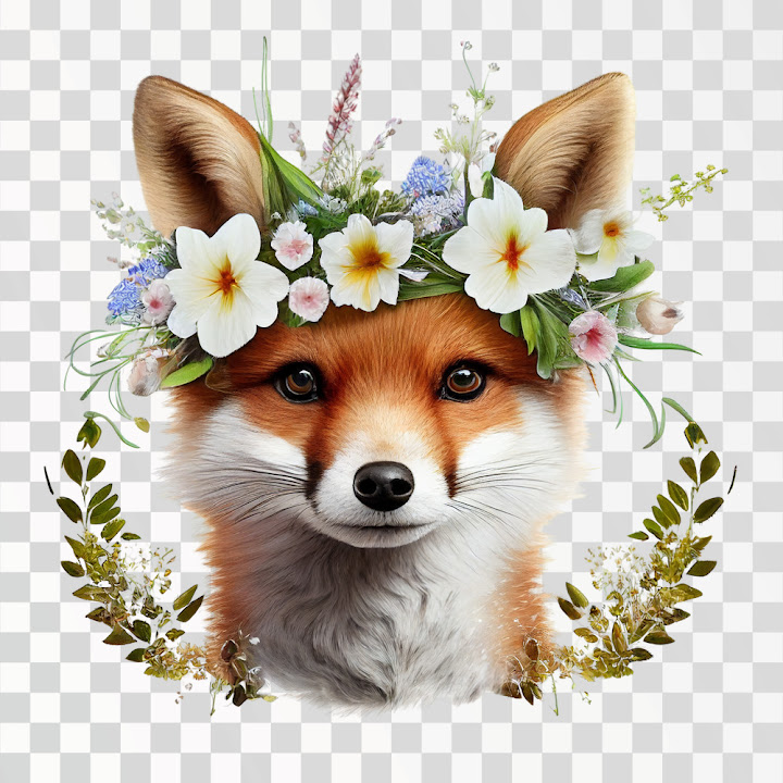 Free: head cute baby fox with floral ornament in PNG transparent ...
