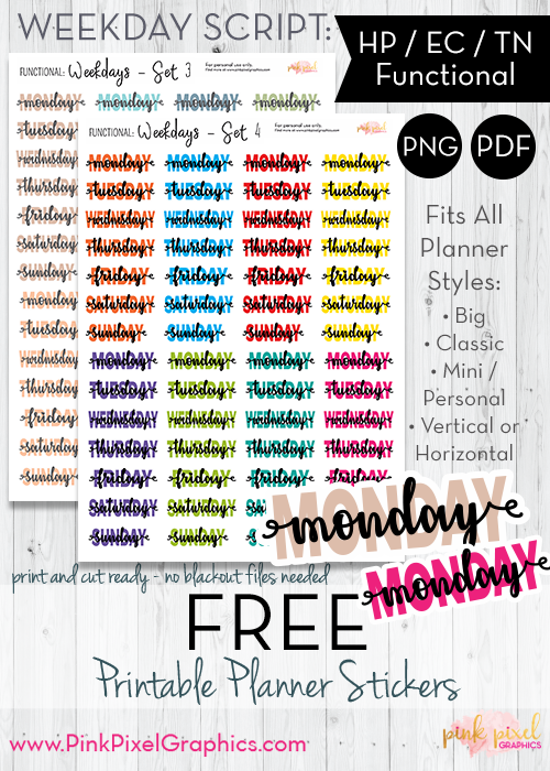 Free: Weekday Script Planner Stickers - Sets 3-4 | Pink Pixel Graphics ...