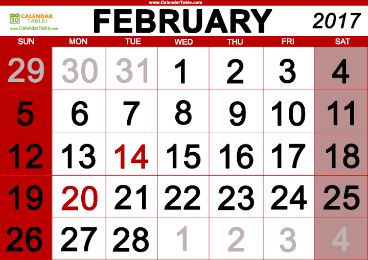 Free: February 2017 Days of the Week and Calendar | Calendar Table ...